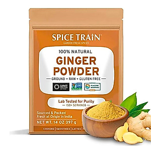 SPICE TRAIN, Ginger Powder (14oz/397g) No Additives, No Preservatives, No Fillers | Ginger Root Powder from India | Raw, Gluten Free, Non GMO | Perfect for Cooking, Baking | Resealable Zip Lock Pouch