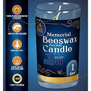 Ner Mitzvah 24 Hour Beeswax Yartzeit Candle - 1 Day Kosher Yahrtzeit Memorial and Yom Kippur Candle in Glass Jar
