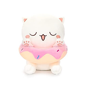 AIXINI Cute Plush Donut Cat Stuffed Animal, Super Soft Kawaii Cat Kitten Plushies for Kids 10inch (White,B)