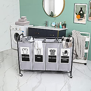 C&AHOME 4-Bag Laundry Sorter Cart, Rolling Laundry Hamper Organizer, Laundry Basket Sorter, Removable Bags with 6 Sorting Cards and Heavy Duty Rolling Lockable Wheel for Clothes Storage, Grey ULSCM04G