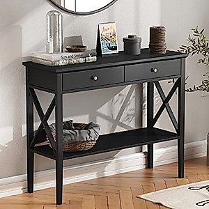 ChooChoo Oxford Console Table with 2 Drawers, Sofa Table Narrow for Entryway, Black