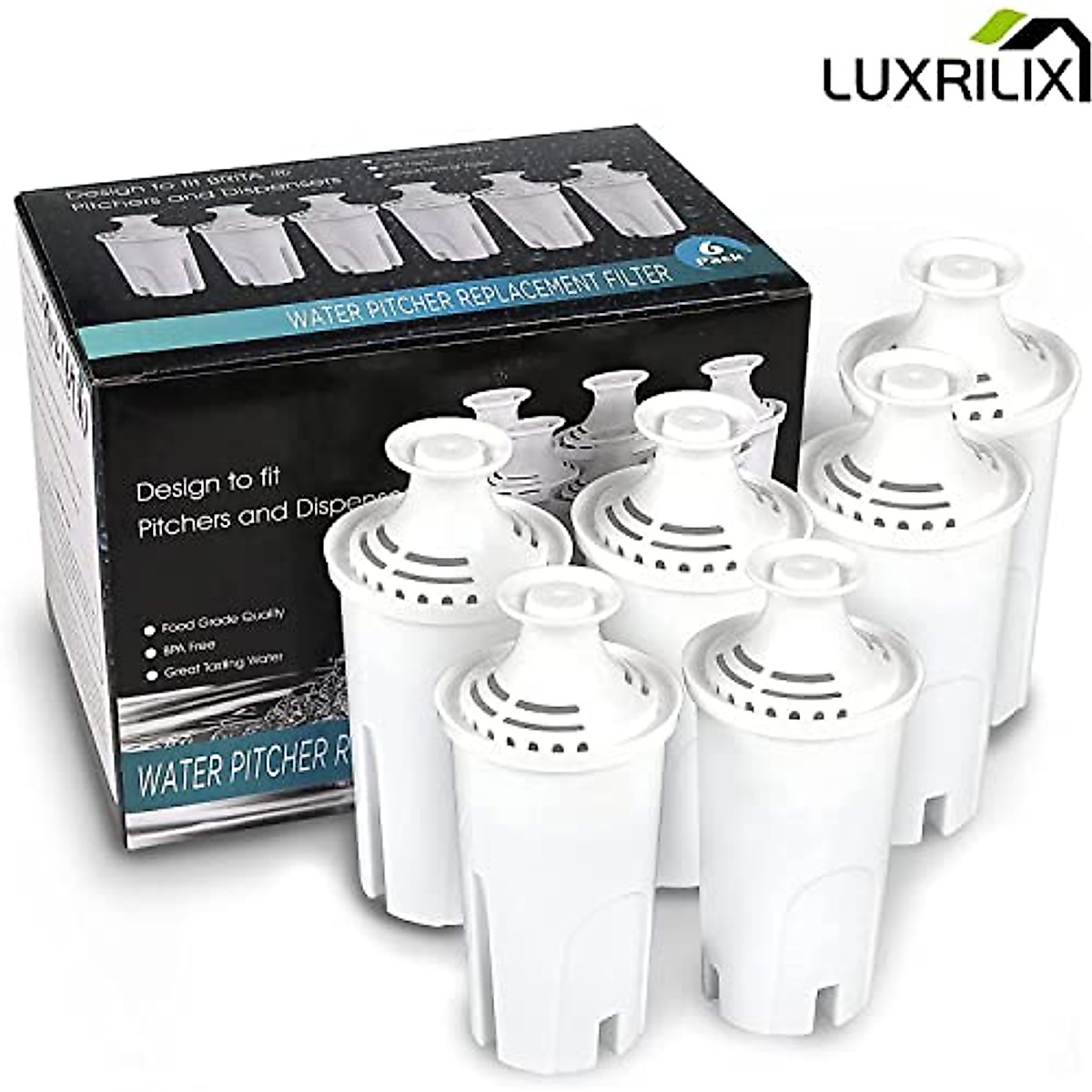 Replacement Pitcher Water Filter OB03 for Britta Pitchers and Dispensers (6 PACK) Water Pitcher Filter Compatible with Britta OB03 Classic 35557 Mavea 107007 by LUXRILIX