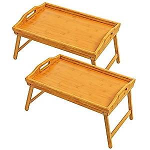 2 Pack Bed Tray Table Breakfast Trays Serving Tray Bamboo Bed Laptap with Floding Legs Handles and Phone Holders