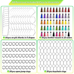 200Pcs Blank Keychains for Vinyl, Acrylic Keychain Blanks Bulk with 5 Shapes Clear Acrylic Disc Leather Tassel Charms Key Chains Jump Ring for DIY Craft Ornament Engrave Painting