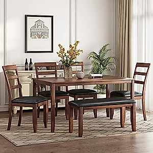 Harper & Bright Designs 6 Pieces Dining Table Set with Bench, Kitchen Table Set with Wood Dining Table, Upholstered Bench and Dining Chairs for Kitchen Dining Room, Walnut PU Cushion