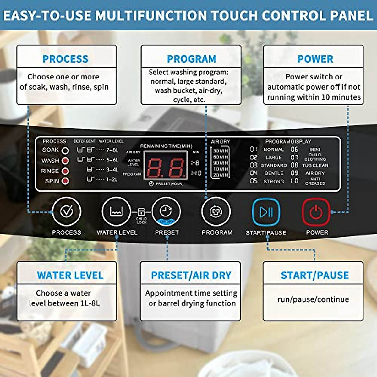 Voohek YC147 Top Loading Compact Fully Automatic Machine, 1.24 Cu.ft with LED Display 8 Water Levels 10 Wash Programs for Dorms, RVs, Camping