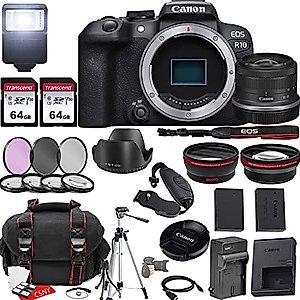 Canon EOS R10 Mirrorless Camera w/RF-S 18-45mm f/4.5-6.3 is STM Lens + 2X 64GB Memory + Hood + Case + Filters + Tripod & More (35pc Bundle)