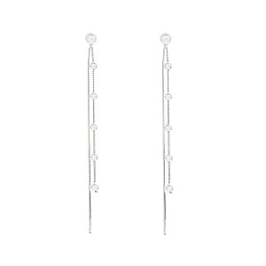 SLUYNZ 925 Sterling Silver Simulated Shell Pearl Dangle Earrings Chain for Women Elegant Long Dangle Earrings Tassel Wedding Dangle Earrings (A-Silver)