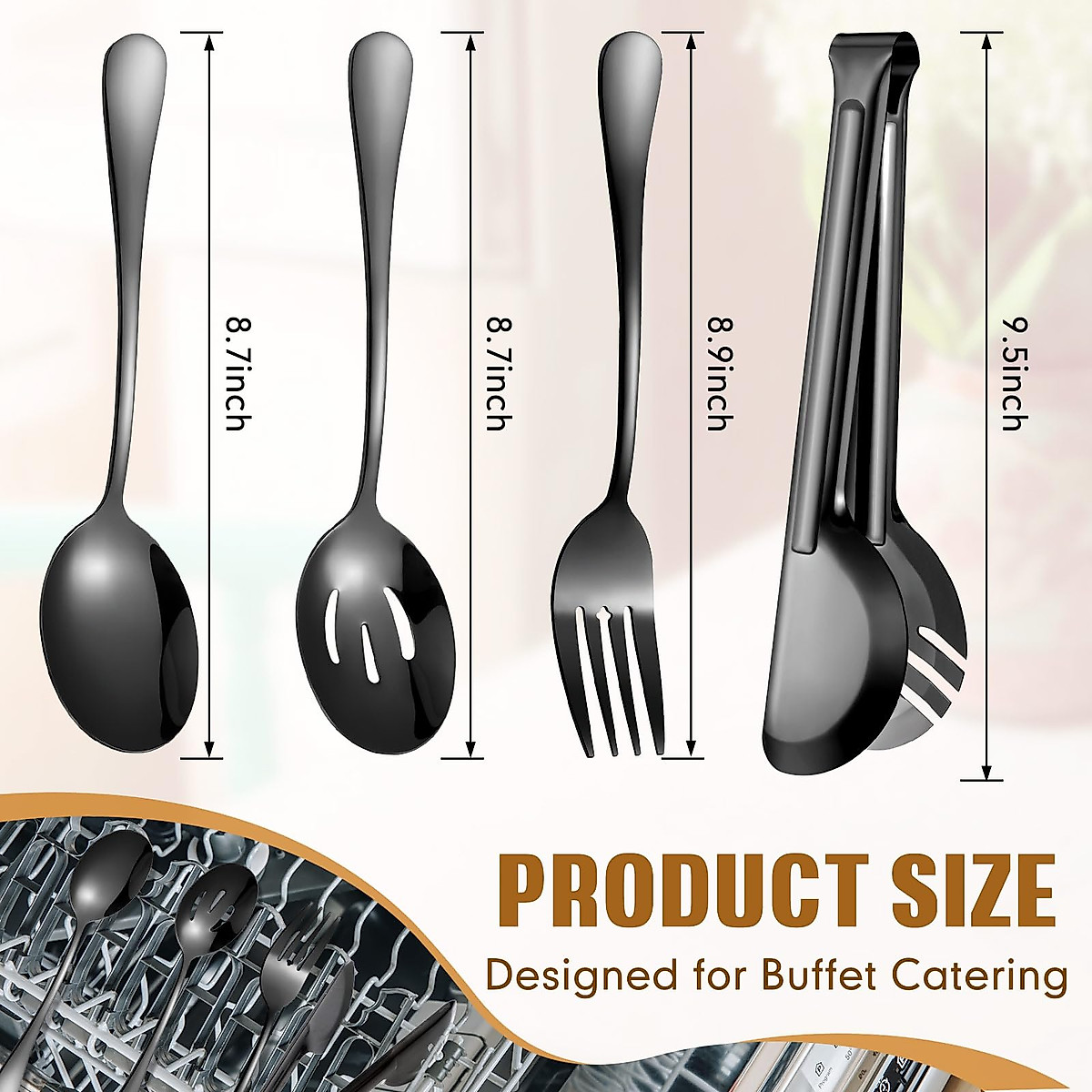 Patelai 15 Pieces Christmas Stainless Steel Serving Utensils Set 8.7" Large Serving Spoons Slotted Spoon 9.45" Tong 9" Serving Forks Flatware Kitchen Catering Banquet Wedding Party (Black)