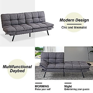 Maxspeed Futon Sofa Bed, Memory Foam Sleeper Couch, Convertible Sofa Bed with Adjustable Armrests and Backrest, Loveseat Sofa, Daybed Couch, Modern Couch for Living Room, Office, Small Space, Grey