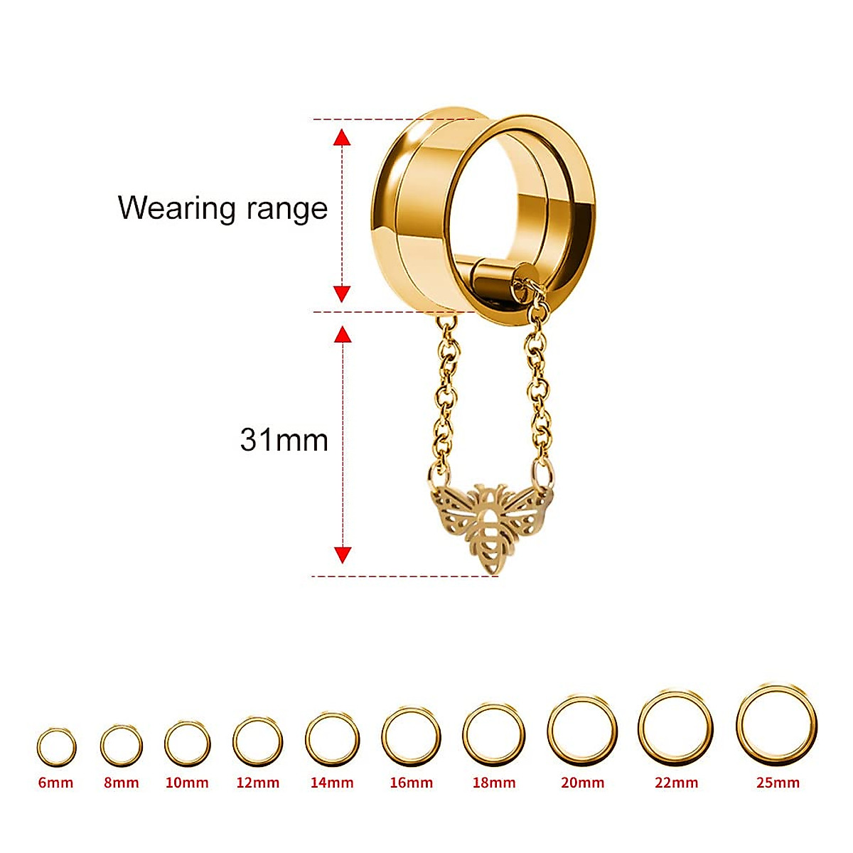 POBAISITER 2PCS Stainless Steel Ear Gauges Tunnels Hollow Spider Bee Bat Chain Screw Fit For Men Women 6mm-25mm