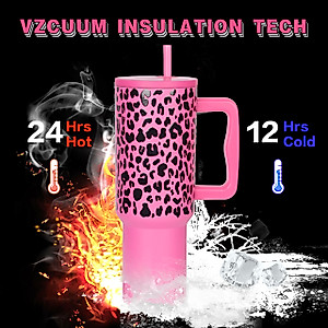 ZHIDENGWJ Stainless Steel Vacuum Insulated Tumbler with Lid and Straw for Water, Iced Tea or Coffee(Rose Red Leopard Print)