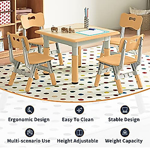 wanan Kids Table and Chair Set, Height Adjustable Toddler Table and 4 Chairs Set, Kids Table for Playing, Drawing, Eating, Studying, Easy to Clean Arts & Crafts Table for Ages 2-10 (Natural)