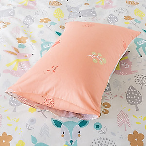 Cliab Woodland Creatures Bedding Twin for Kids Girls Baby Pink Cute Animals Print Rabbit Dear Reversible Bed Set 100% Cotton Duvet Cover Set Zipper Closure Corner Ties 2 Pieces