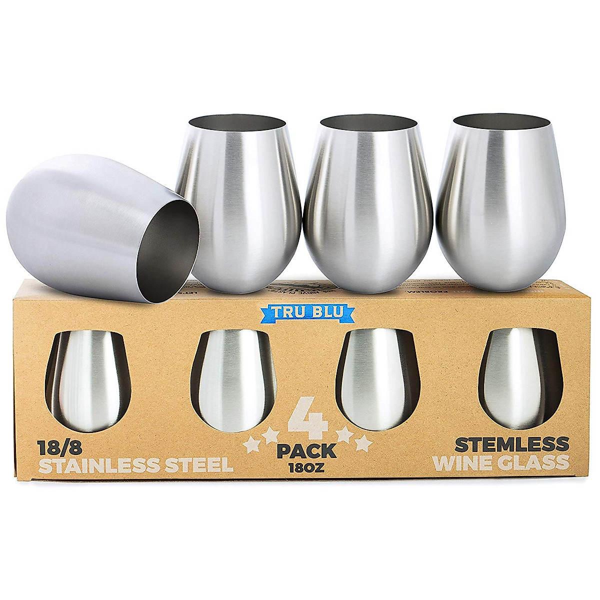 Stainless Steel Wine Glasses - Set of 4 Large & Elegant Stemless Goblets (18 oz) - Unbreakable, Shatterproof Metal Drinking Tumblers