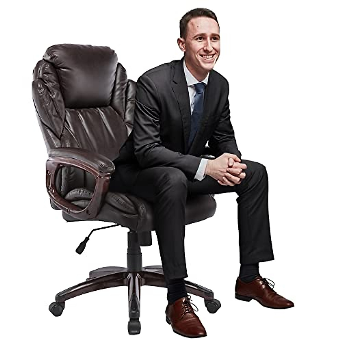 250lb High Back Office Chair-PU Leather Ergonomic Executive Boss Swivel Computer Chair Thick Padded Desk Chair for Home Office Work (Brown)