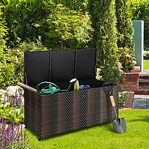 Tangkula 96 Gallon Deck Box, PE Wicker Outdoor Storage Box with 4 Wheels and Waterproof Liner, Outdoor Rectangular Storage Container for Cushions, Garden Tools, Pool Accessories (Mix Brown)