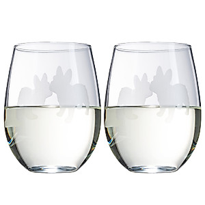 Set of 2 French Bulldog Dog Stemless Wine Glasses - French Bulldog Puppy & Doggy Lover for Him & Her - Dogs Silhouette - Glass Gifts Etched Tumblers for Anniversary, Wedding, Home Bar Gifts
