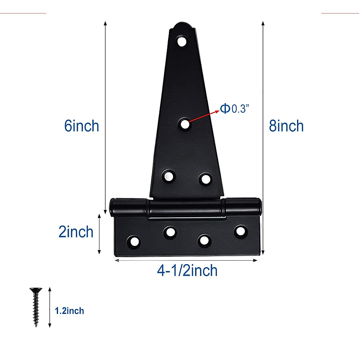 6 Inch T-Strap Heavy Duty Shed Door Hinges，4 PCS Black Wrought Hardware Rustproof Gate Hinge for Wooden Fence,Barn Door Gates,Yard Door