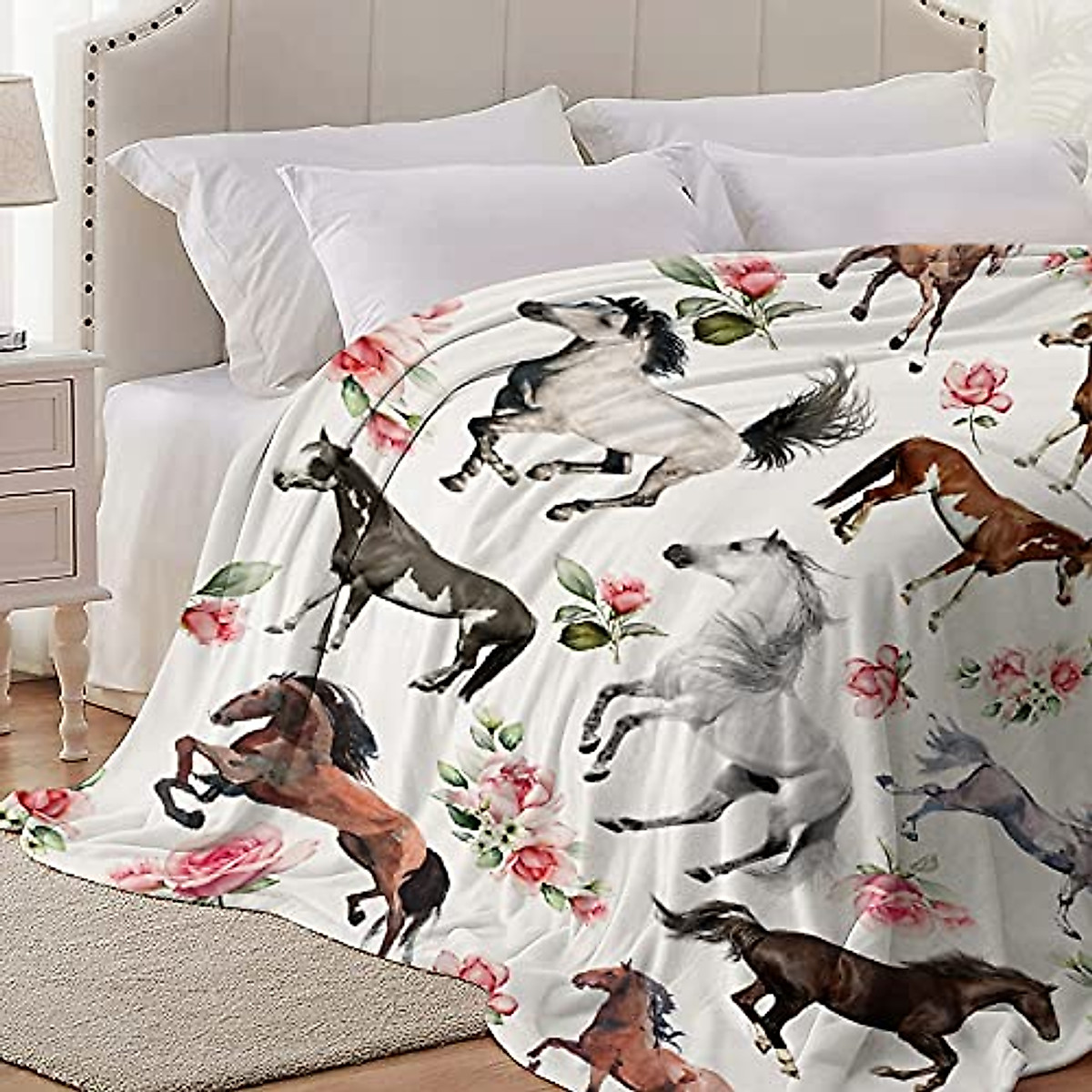 Horse Rose Throw Blanket Soft Flannel Fleece Velvet Plush Personalized Throws Fuzzy Warm Cozy Soft Bedding Blankets Anti-Pilling Pets 40"x30"