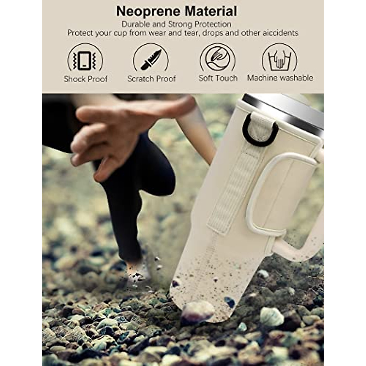 Aiscool Water Bottle Carrier Bag Holder for Stanley Quencher H2.0 Tumbler 40 Oz Cream, Neoprene Water Bottle Sling Bag Sleeve Holder Carrier with Adjustable Shoulder Strap & Straw Covers