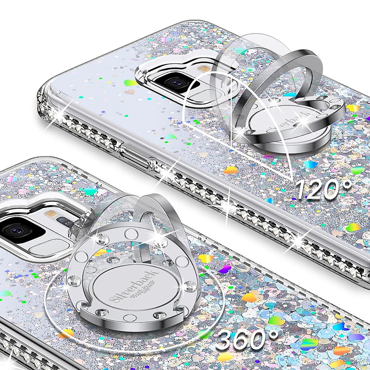 Silverback for Galaxy S9 Case, Moving Liquid Holographic Sparkle Glitter Case with Kickstand, Bling Diamond Rhinestone Bumper Ring Slim Protective Samsung Galaxy S9 Case for Girls Women - Clear Silver