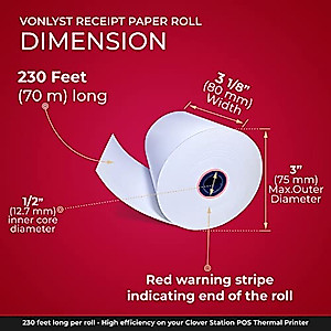 Vonlyst Thermal Receipt Paper Rolls 3 1/8" x 230' for Clover Station (12 rolls)