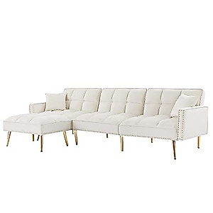 SEVENWOOD Modern Velvet Tufted Reversible Sectional Sofa Couch Bed with Removable Ottoman, Folding Sofa Sleeper Bed with Nailhead Trim Arm and Gold Metal Legs (Off White)
