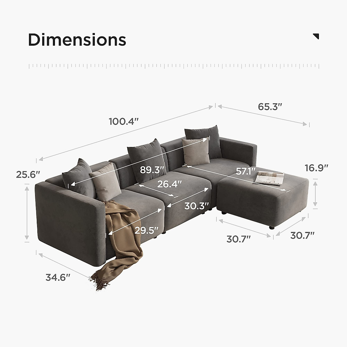 Acanva Luxury L-Shaped Upholstery Convertible Modular Sectional Sofa, Contemporary Reversible Couch with Chaise Lounge for Living Room, Apartment, 4 Piece Set, Grey