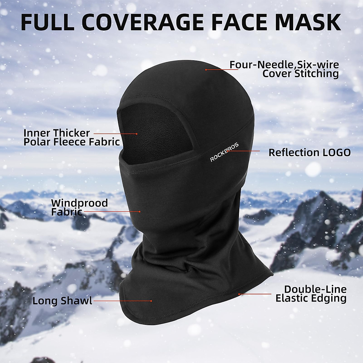ROCKBROS Ski Mask Balaclava for Men Cold Weather Scarf Windproof Thermal Winter Women Neck Warmer Hood for Cycling Hiking Black