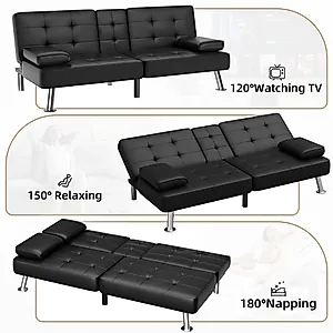 Acurax Modern Black Couch,Stylish Faux Leather Futon Sofa Bed for Home Sofa Living Room, Convertible Folding Lounge Couch,2 Cup Holders, Removable Soft Armrests,Metal Legs,Couches for Living Room
