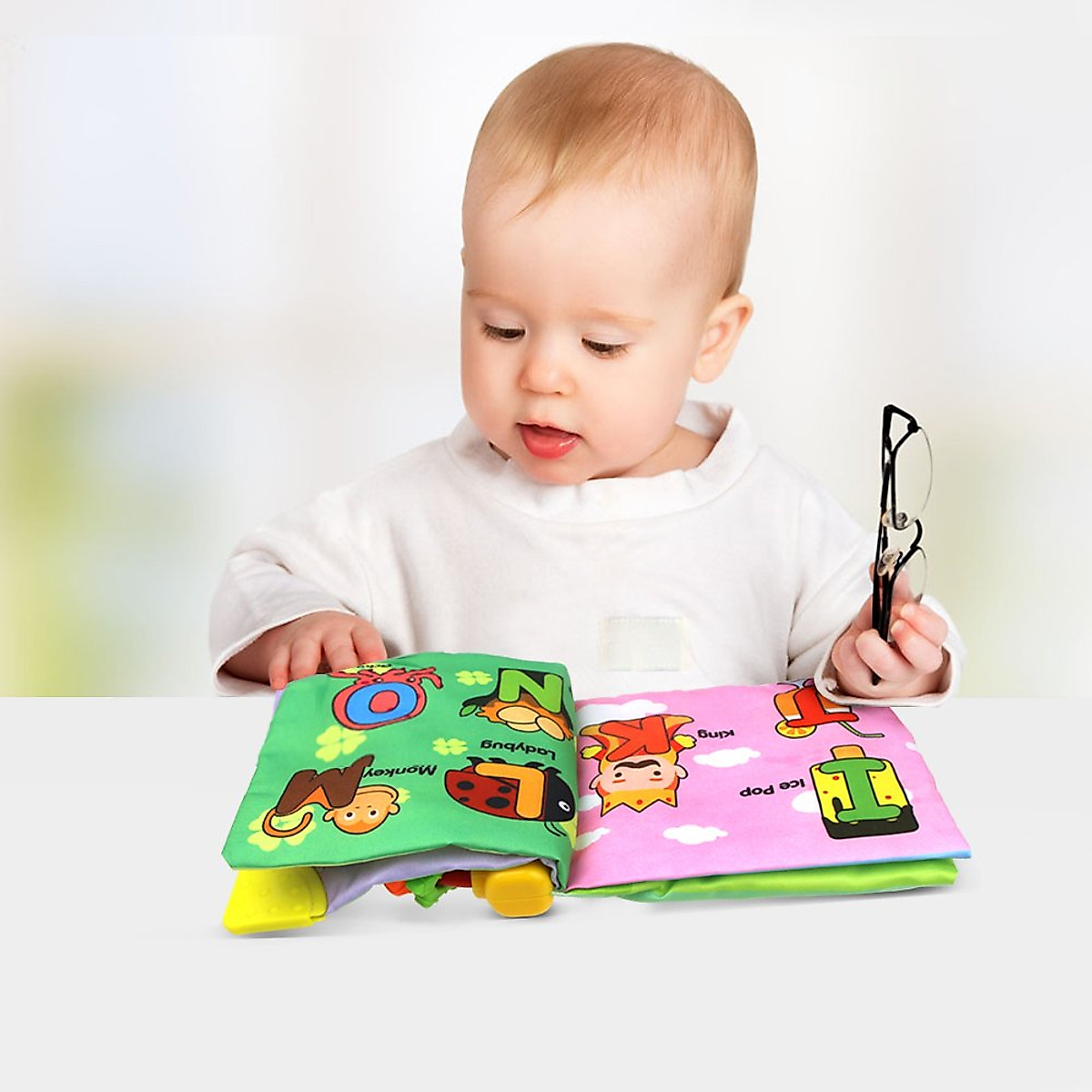 Hapavis Teething Cloth Books Soft Activity Crinkle Baby Books Toys for Early Education for Babies Teether Ring Letters