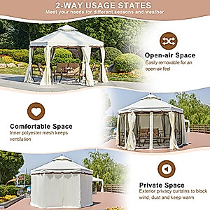 Erommy 12FT Outdoor Canopy Gazebo Hexagonal, Double Roof Patio Gazebo Steel Frame Pavilion with Netting and Shade Curtains for Garden,Patio,Party Canopy, Cream
