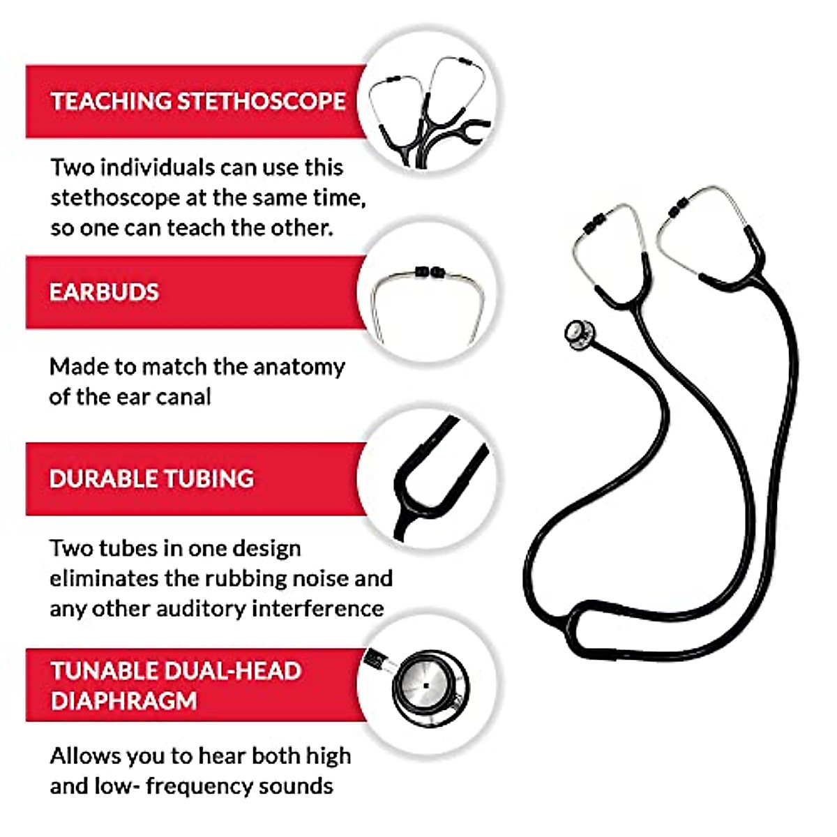 Ever Ready First Aid Deluxe Dual-Head Teaching Stethoscope for Medical Training, Nursing Students and Teachers – Black