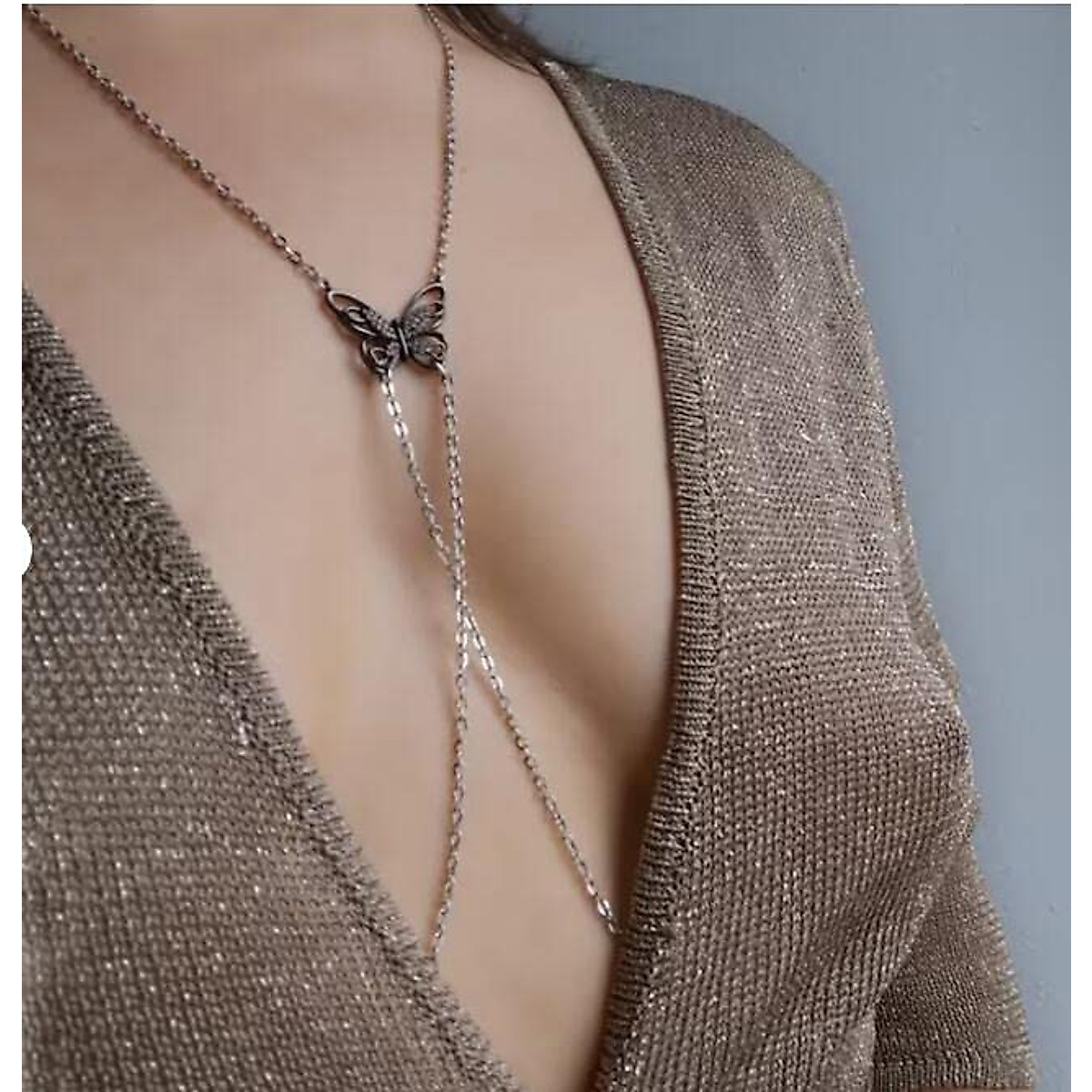 D.Bella Fake Nipple Piercing with Chain for Women Sexy Non Piercing Nipple Ring with Butterfly Necklaces Adjustable Jewelry