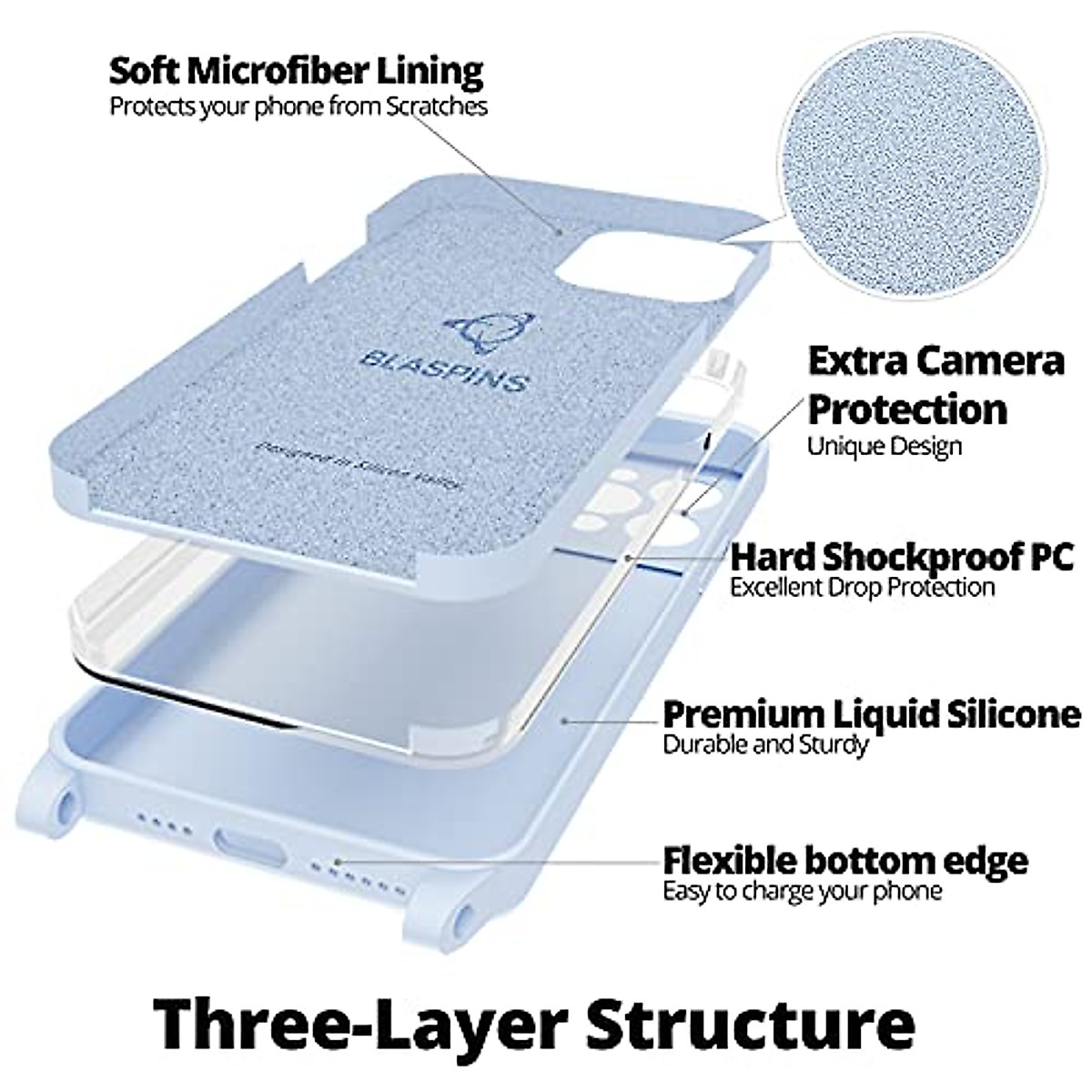 blaspins Crossbody Lanyard Strap Case for iPhone 14 Pro Max, Neck Cross Body, Adjustable Holder Removable, Drop Protection Shockproof, Hands-Free Silicone Case 6.7 inch, 150 cm Strap, iP14PM - Blue