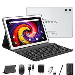 2 in 1 Tablet with Keyboard, 2024 Latest Tablets Android 128GB ROM, 10 Inch Tablet with Octa-Core Chip Support 5+2.4Ghz WiFi, 7000mAh Battery, Bluetooth 5.0, GPS, HD Touch Screen-Silver
