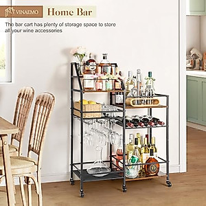 VINAEMO Rolling Bar Cart with Wine Glass Holder, Bar Carts for the Home, Bar Stand for Home, Small Mini Bar for Whiskey Wine, Liquor Cart for Home Bar, Alcohol Cabinet for Bar, Kitchen, Dining Room