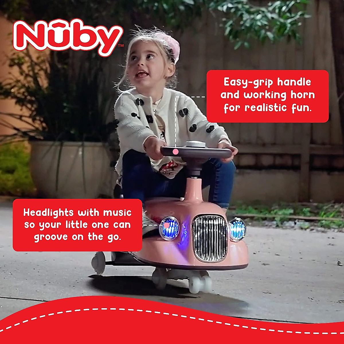 Nuby Twist N Ride Classic Ride on Cars - Riding Toys with Realistic Working Front & Back Lights - Fun Light Up Car Scooter with Music - Toys for 3 Years and Up - Aqua & Red Toy Scooter Car, Large
