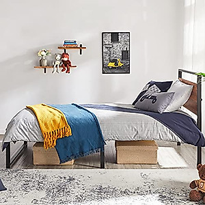 Yaheetech Twin Metal Platform Bed Frame with Rustic Wooden Headboard and Footboard, Single Country Bed for Boys& Girls, No Box Spring Needed/12 Inch Underbed Storage/No Noise/Easy Assembly, Mahogany