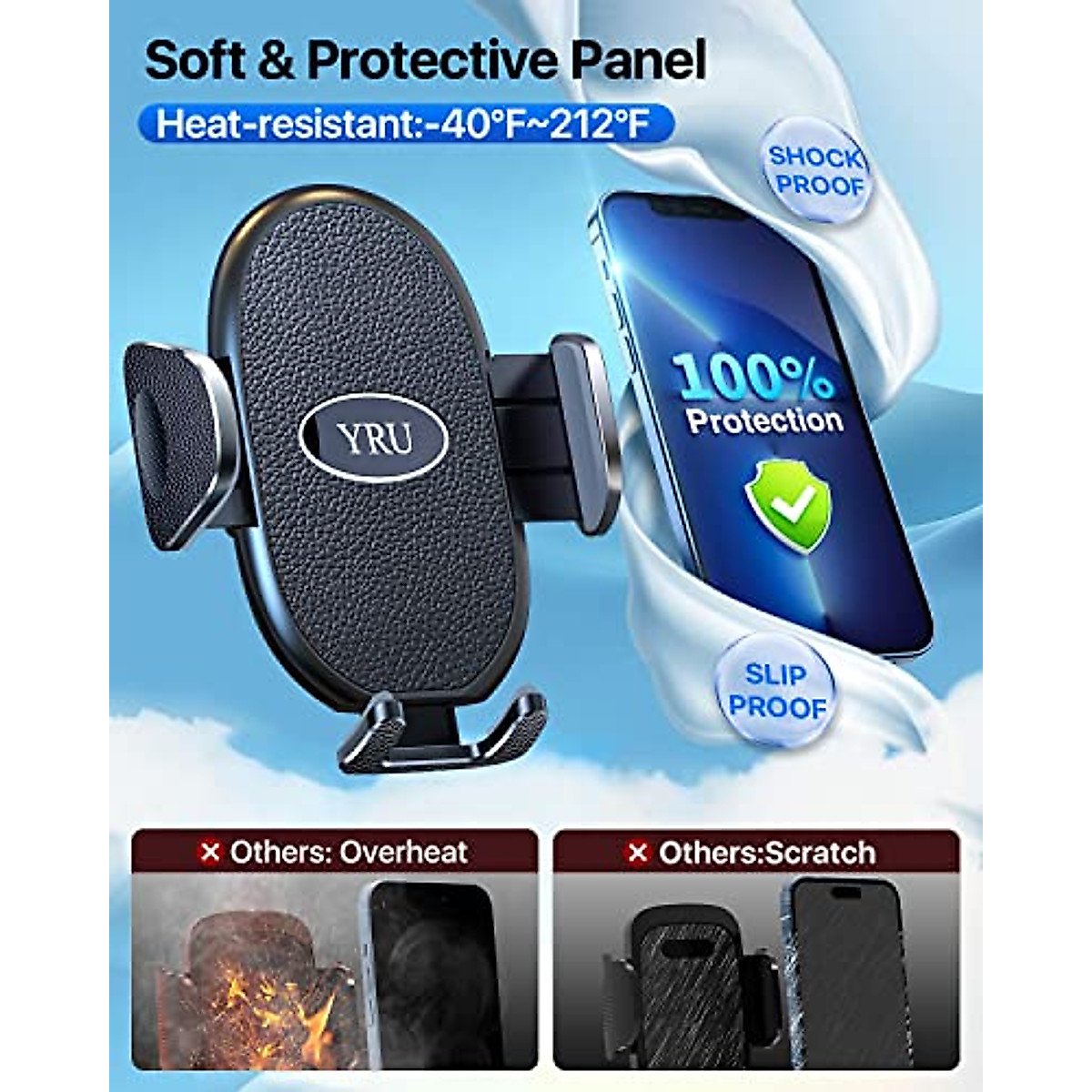 YRU Phone Mount for Car Vent [Upgraded Steel Clip], Sturdy Adjustable Shockproof Car Phone Holder, Handsfree Cell Phone Stand Cradle for iPhone 14 13 Pro Max, Samsung Universal Cellphone, Pickup Truck