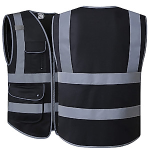 HATAUNKI Class 2 Retro-Reflection Safety Vests 9 Pockets and Front Zipper ANSI/ISEA 107-2015 (Black-03, Small)