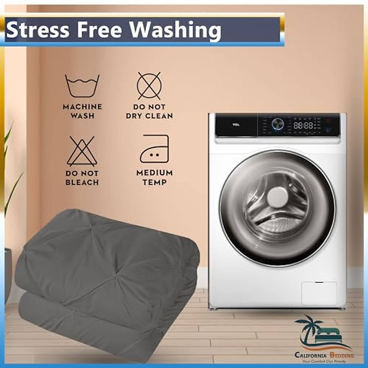 California Bedding Decorative Pinch Plated Pintuck Duvet Cover 800 TC Egyptian Cotton Oversized King 120x98 Size 1-PCs Duvet Cover Zipper & Corner Ties Breathable & Soft Dark Grey Solid