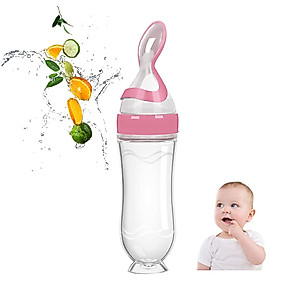 Gaodear Natural Touch Silicone Baby Food Feeder,Squeeze Cereal Bottle with Dispensing Spoon，Suction Cup Design,3 Ounce/Pink