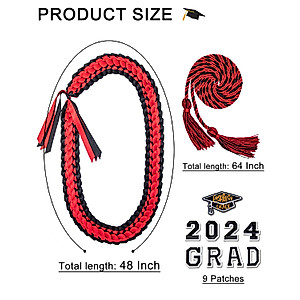 ALKB 11 Pcs Graduation Ribbon Leis, Black Red Graduation Braided Necklace with Honor Cord Class of 2024 Graduation Gift for High School College Graduation Party Supplies