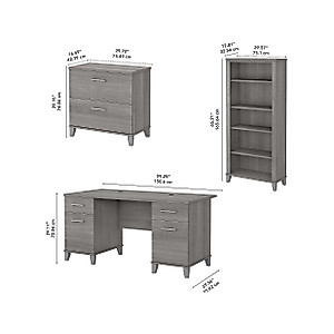 Bush Furniture Somerset 60W Office Desk with Lateral File Cabinet and 5 Shelf Bookcase in Platinum Gray