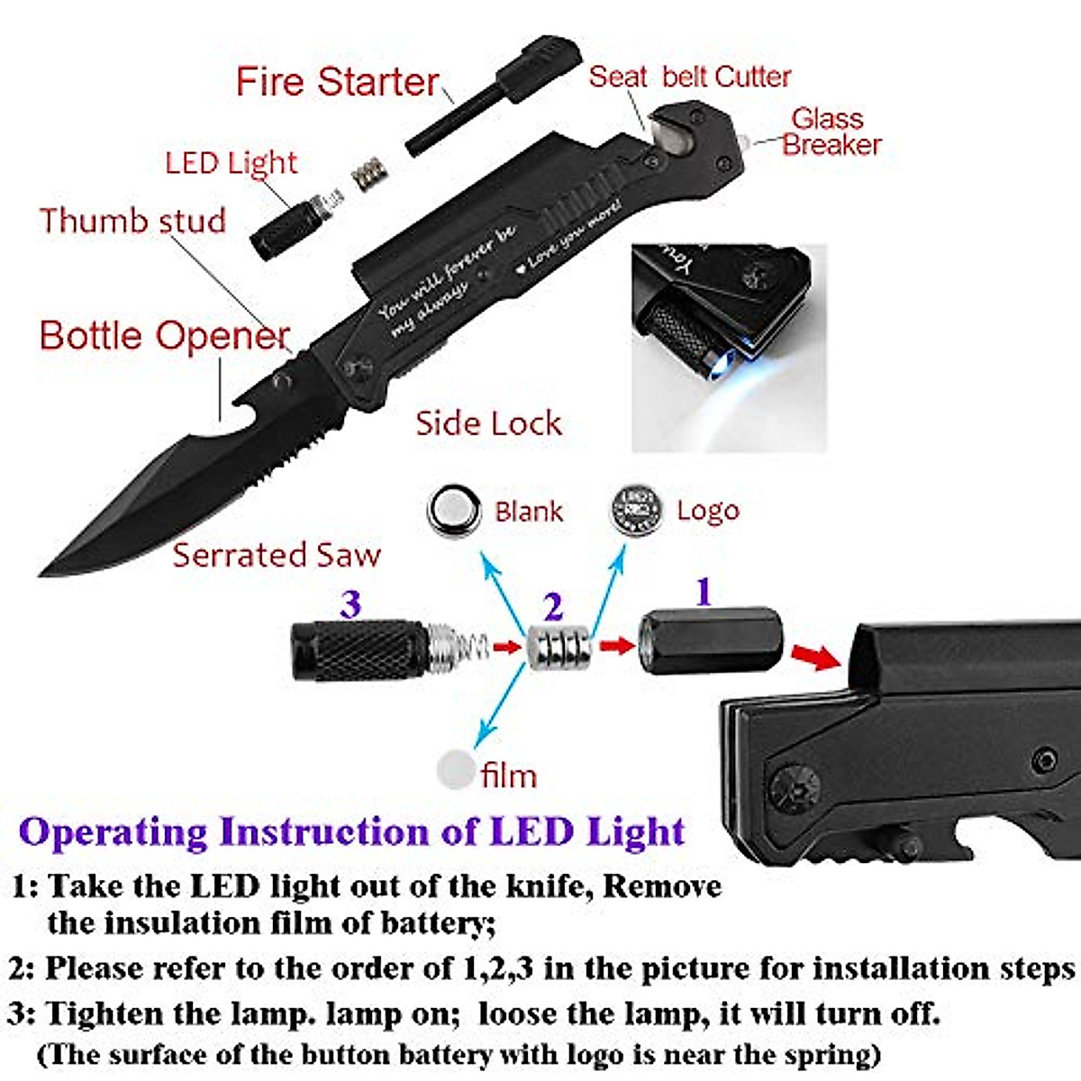 Husband Birthday Present, Pocket Knife with 6 Functions, LED Light,Fire Starter,Bottle Opener,Seat Belt Cutter,Glass Breaker, Anniversary Present for Men, Boyfriend, Father's Day
