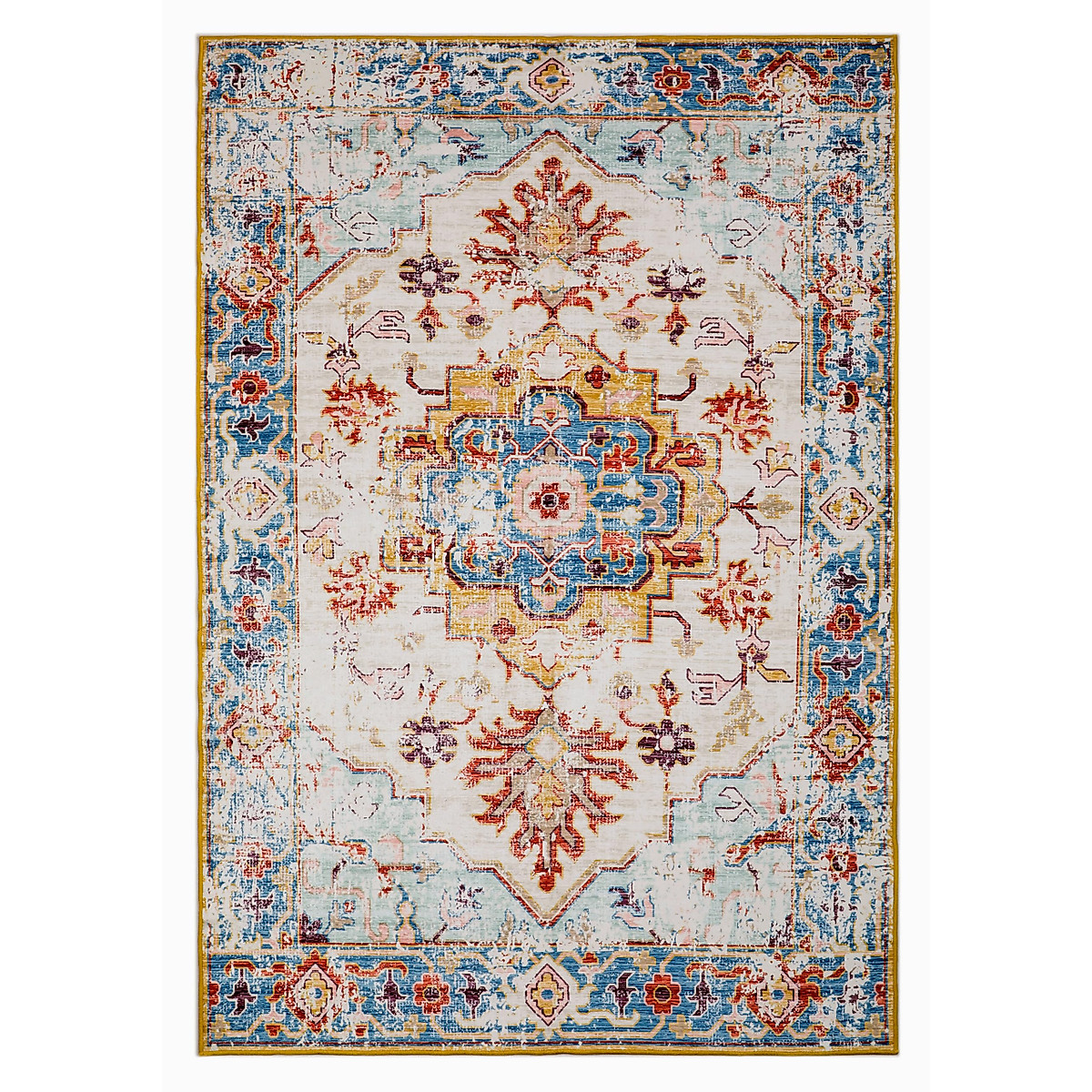 Kaspene Home - Machine Washable Thin Area Rug for Dining Room, Bedroom, and Living Room - Oriental Vintage Blue and Red Rug - Stain and Water-Resistant - Non-Slip - Pet and Kid Friendly, 5x8
