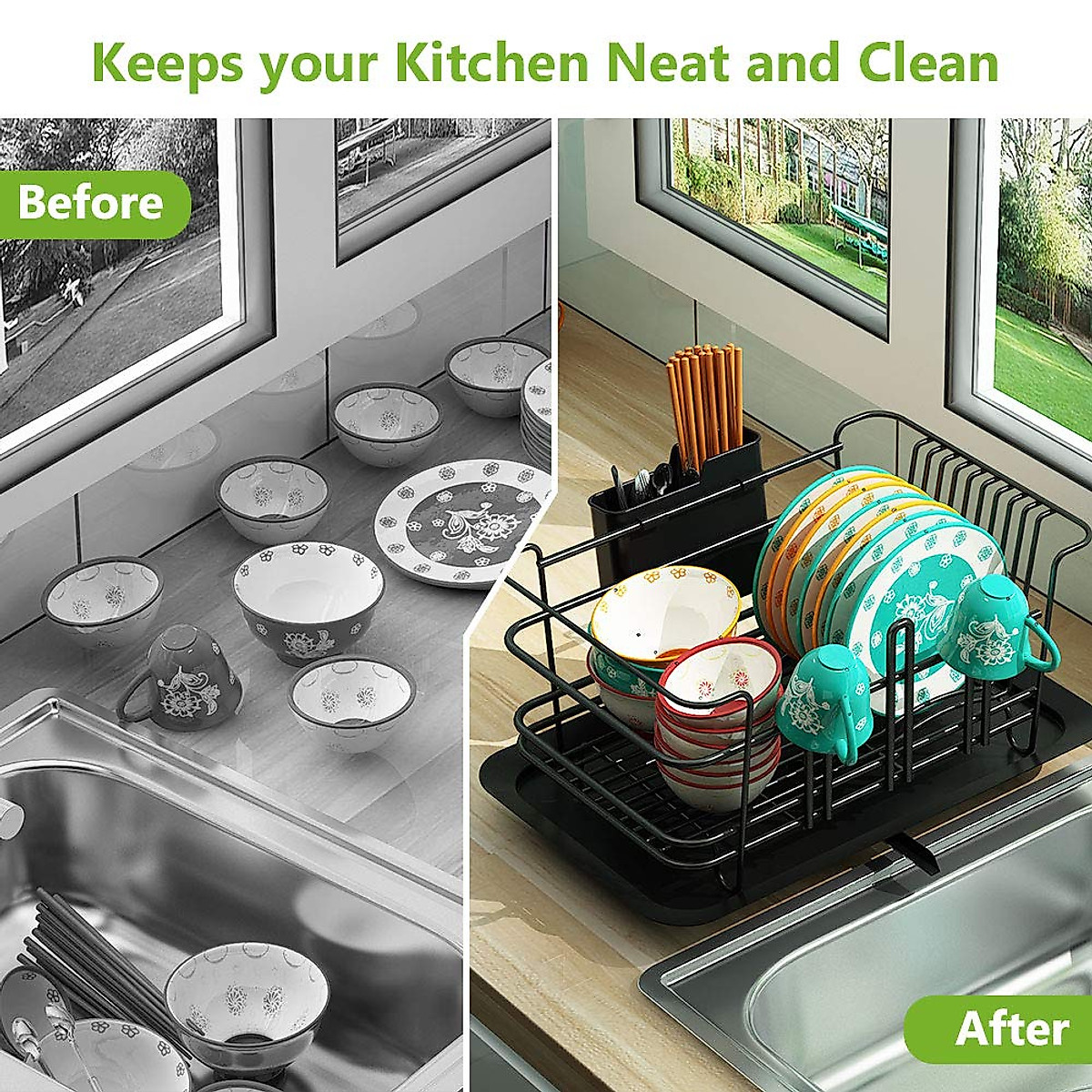 1Easylife Dish Drying Rack, Dish Drainer for Kitchen Rustproof Dish Rack and Drainboard Set with Removable Utensil Holder and Adjustable Swivel Spout, Countertop or in Sink Dry Rack (Black)