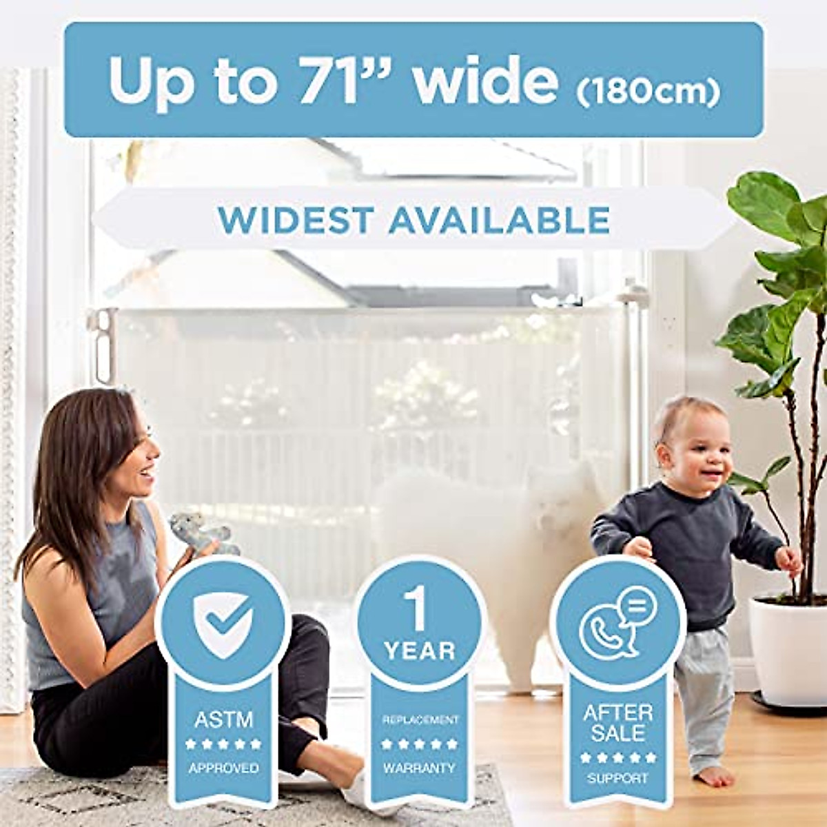 Retractable Baby Gate Perma Child Safety 41" Tall x 71” Wide, Mesh, For Stairs, Doorways, Dogs, Pets, Indoor, Outdoor, One-Handed Operation, Locking, Easy Install, Hardware Mount, White